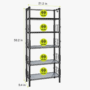 FUTASSI 5 Tiers Standing Shelf Units, Free-Standing Metal Narrow Bookshelf and Bookcase, Metal Storage Shelves for Garage, Kitchen, Bathroom, Balcony and Living Room, 21.2”W x 9.4”D x 59.2”H, Black