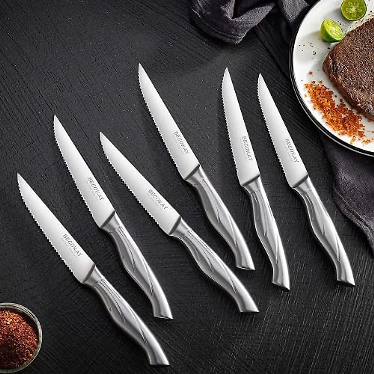 BECOKAY Steak Knives - Steak Knives Set of 6 High Carbon German Steel Serrated Steak Knife - 4.3 Inch Premium Steak Knife Set - Ergonomic Full Tang Hollow Handle (Silver)