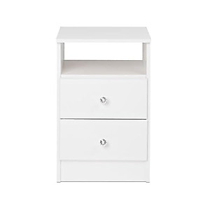 Prepac Astrid Simplistic Nightstand with 2 Drawers and Open Shelf, Functional Bedside Table with Acrylic Knobs 15.5" D x 16" W x 24.5" H, White, WDNH-0402-1-V