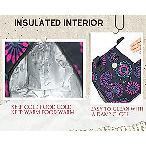 Pursetti Insulated Lunch Bag for Women-Reusable Large Lunch Tote Bag with Water Bottle Holder & Leak-Proof Lining for Work or Travel-Carry by Hand, On the Shoulder or Crossbody (Purple Circle)