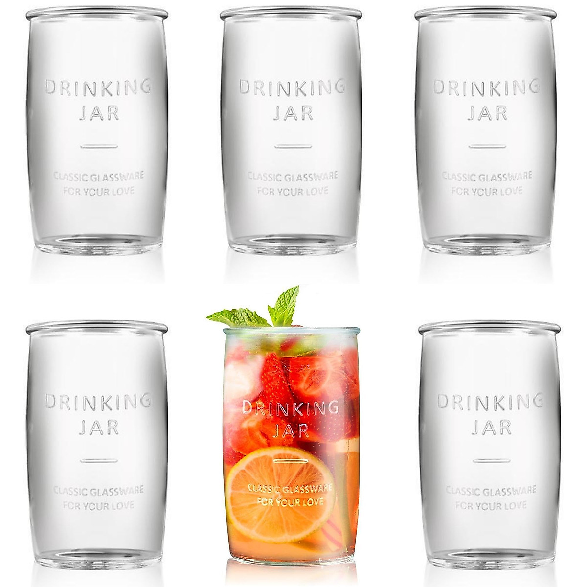 Dingerjar 20 OZ Glass Cup Set of 6, Elegance Modern Simplicity Drinking Glasses Tumblers for Cold Drinks, Cocktails, and Beverages.