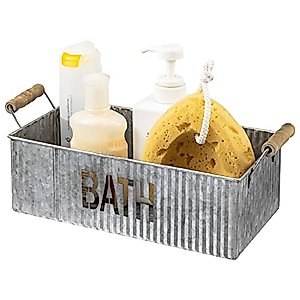 MyGift Currogated Galvanized Metal Rectangular Storage Basket with Wooden Handles, Bathroom Toiletries Holder, Organizer Bin with Bath Cutout Label