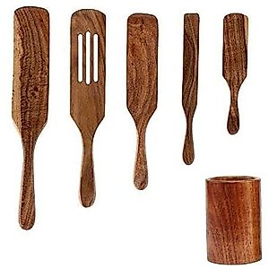 Jinxiao Wood Spurtles Kitchen Tools Set with Holders,5 Pcs Natural Teak Wooden Utensils for Non Stick Cookware and Instant Pot For Steak,Salad,butter.