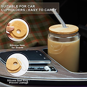 Pouheshi 4pcs Glass Cups with Lids and Straws, 16OZ Beer Can Shaped Drinking Glasses Set, Iced Coffee Cup, Glass Tumbler with 1 Cleaning Brush, Ideal for Cocktail, Whiskey, Tea