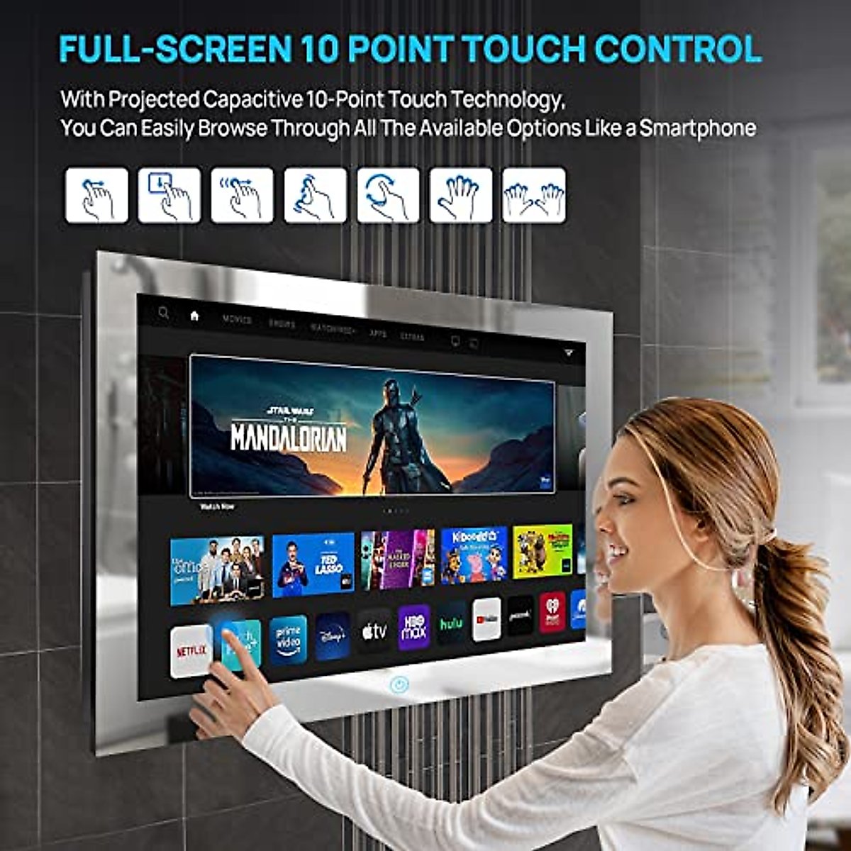【H2 Chip Android 11.0 System & 500 cd/㎡ High-Brightness 2023 Model】Haocrown 21.5-Inch Touchscreen Bathroom TV IP66 Waterproof Smart Mirror TV 1080P LED TV Built-in ATSC Tuner Wi-Fi Bluetooth(8GB+64GB)