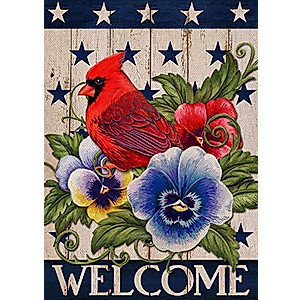 Covido Home Decorative Welcome July 4th of July Cardinal Patriotic America Garden Flag, American USA Memorial Day Yard Red Bird Pansy Flower Outside Decor, Summer Outdoor Small Decoration 12x18