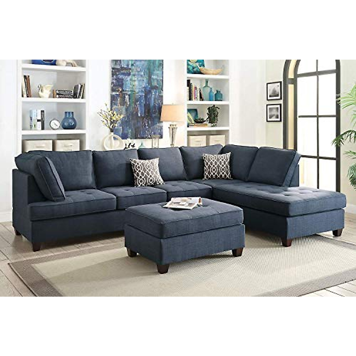 Poundex Bobkona Kemen 2-Pieces Sectional Sofa | Linen-Like Polyfabric Left or Right Chaise | F6989 model | Blue color