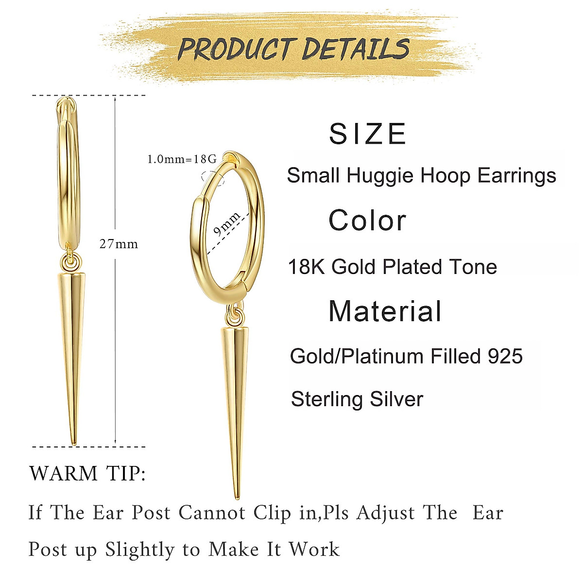 Milacolato 925 Sterling Silver Minimalist Spike Dangle Hoop Earrings for Women 18K Yellow Gold Plated Drop Charms Hoops Punk Earrings