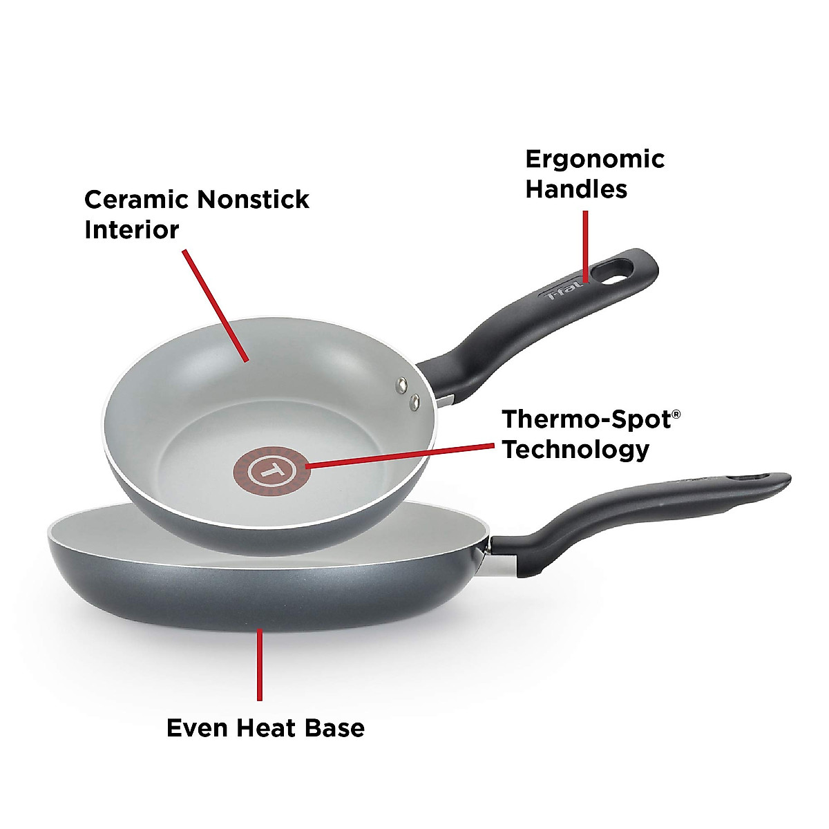 T-fal Initiatives Ceramic Nonstick Fry Pan Set 8.5, 10.5 Inch Oven Safe 350F Cookware, Pots and Pans, Grey
