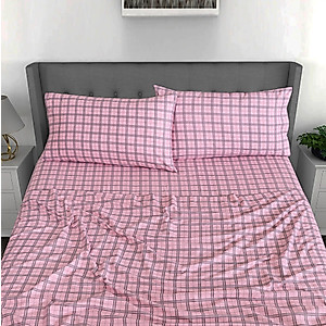 RUVANTI Flannel Sheets Full Size - 100% Cotton Brushed Flannel Bed Sheet Sets - Deep Pockets 16 Inches - All Seasons Breathable & Super Soft - Warm & Cozy - 4 Pcs - Check & Bolt Pink