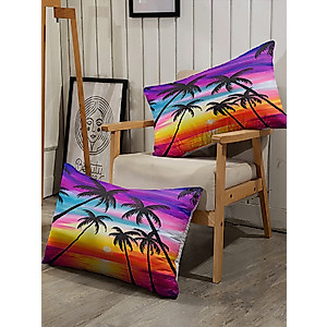 Tropical Sunset Palm Tree Comforter Set for Kids and Adults, Queen Size Sea Ocean Sunset Quilt Bedspreads with 2 Silhouette Sunset Pillowcases - 90" x 90" (Queen, Yellow)
