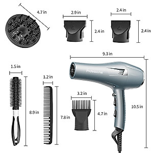 Ionic Salon Hair Dryer, Professional Blow Dryer AC Motor Fast Drying with 2 Speed, 3 Heat Setting, Cool Button, with Diffuser, Nozzle, Concentrator Comb for Curly & Straight Hair-Blue