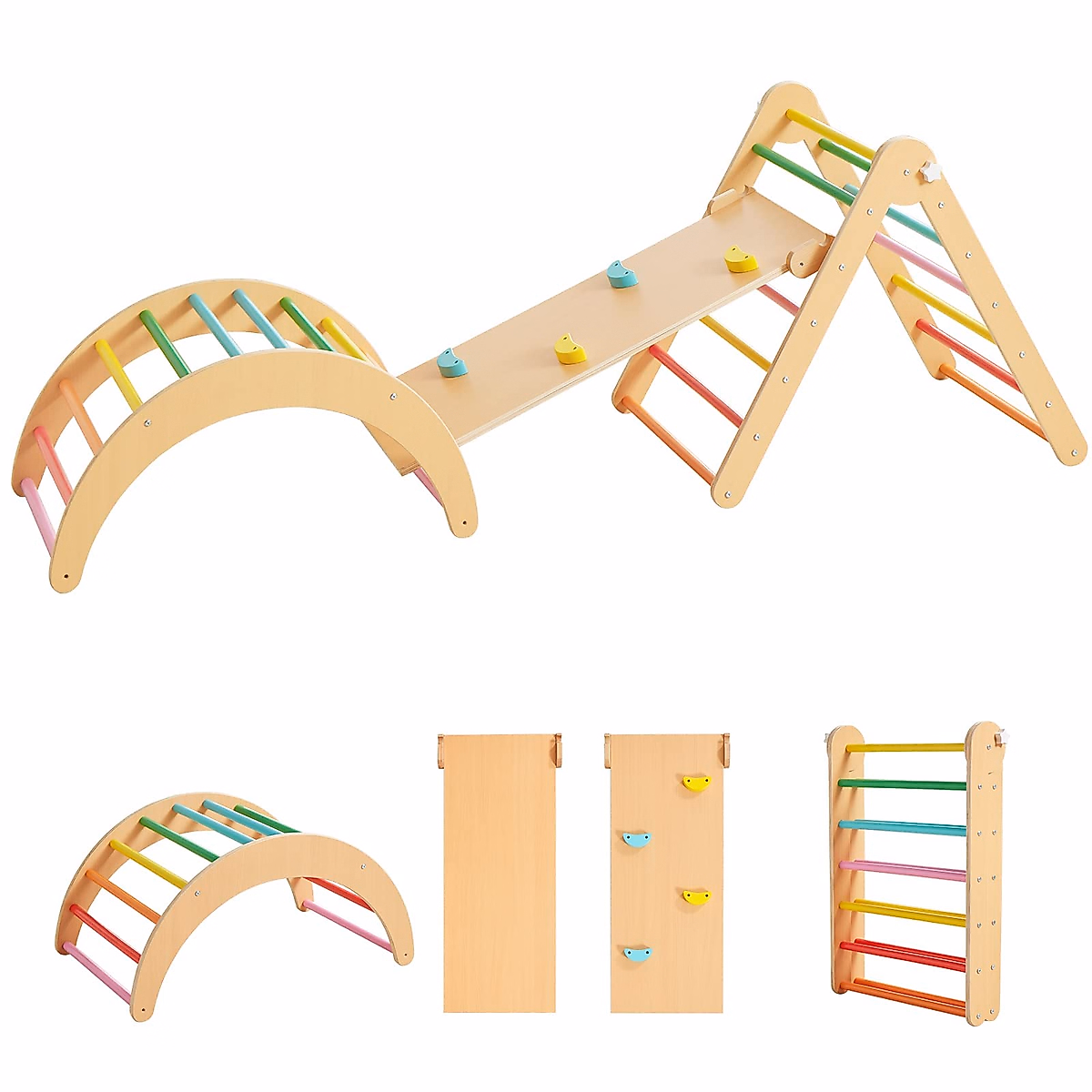 Beright 4 in 1 Pikler Triangle Gym, Montessori Foldable Climber with Ramp, Indoor Climbing Toys for Kids, Climbing Triangle for Toddlers Arch Climber, Rocker, Learning Waldorf Children Toy, Rainbow