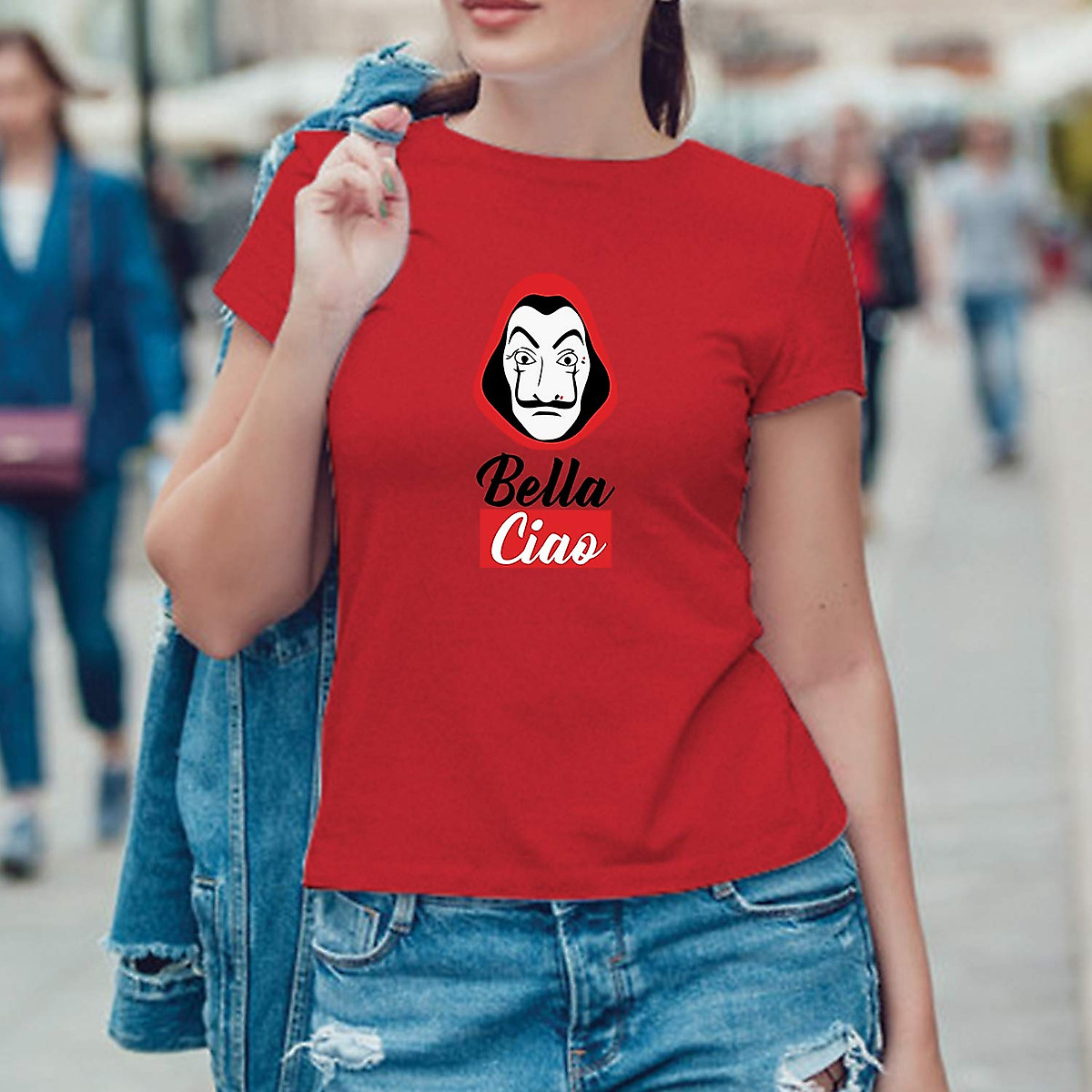 BannerBuzz, Bella Ciao Crew Neck T-Shirt Short Sleeve, Cotton Fabric, Unisex, Digitally Printed, Fabric Warranty for up to 25 Washes (X-Large, Red)