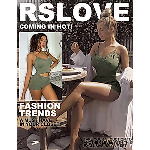 RSLOVE Women Sexy Outfit Pajamas Cami Short Set Sleepwear Lace Tank Top Shorts Set Nightwear Olive S