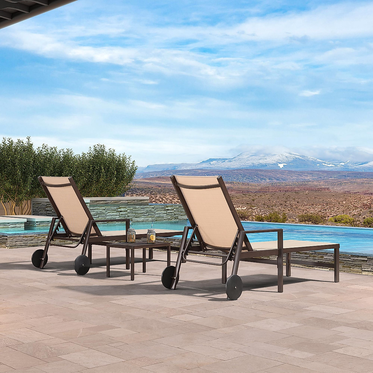 PURPLE LEAF Pool Lounge Chairs Set of 3 Aluminum Outdoor Lounge Chairs with Wheels and Armrests Adjustable Patio Lounge Chairs for Deck Outside Lawn Garden, Cream