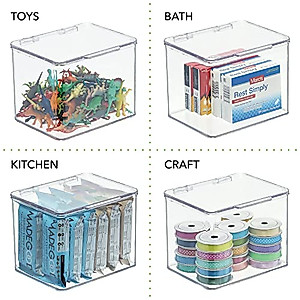 mDesign Plastic Playroom and Gaming Storage Organizer Box Containers with Hinged Lid for Shelves or Cubbies, Holds Small Toys, Blocks, Puzzles, Markers, Controllers, Lumiere Collection, 4 Pack, Clear