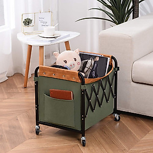 Whitsunday Home Clothes Laundry Storage Organizer Foldable Cart Basket with Rolling Wheels (Standard Size, Green)