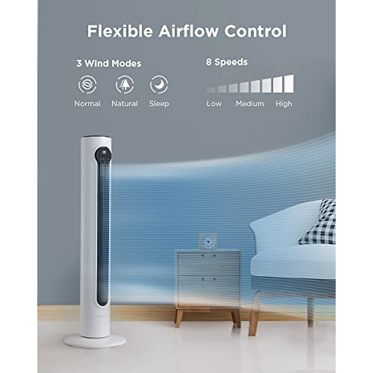 AIRMATE Tower Fan with Remote, 90° Oscillating Bladeless Fan, 42in Silent Standing Fan, 3 Modes 8 Speeds, LED Display Touchpad, 8H Timer Floor Fan for Bedroom Dorm Home Office, Washable & Portable
