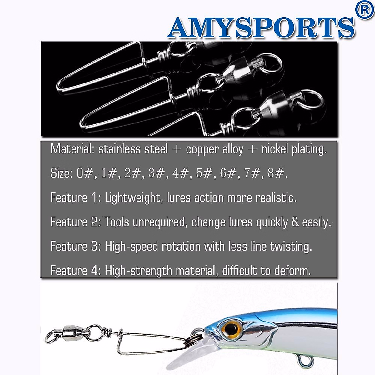 AMYSPORTS High Strength Fishing Snap Swivels - Ball Bearing Barrel Swivels, Stainless, Saltwater Corrosion Resistant - 25pcs, 31lbs