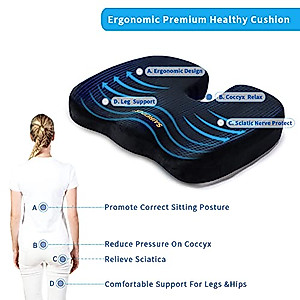 SAIREIDER Office Chair Cushion, Car Seat Cushion, Memory Foam Coccyx Cushion Pads for Tailbone Pain, Sciatica Relief Pillow, Correct Sitting Posture (Black)