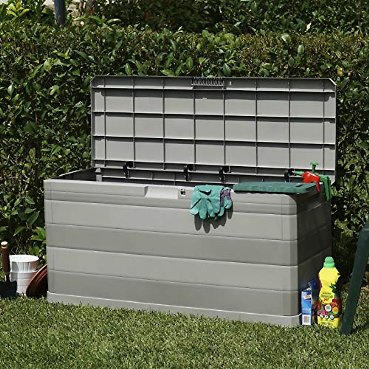 Tidyard Garden Storage Deck Box Plastic 74 Gal Lockable Garden Container Cabinet Toolbox Gray for Patio, Lawn, Poolside, Backyard Outdoor Furniture