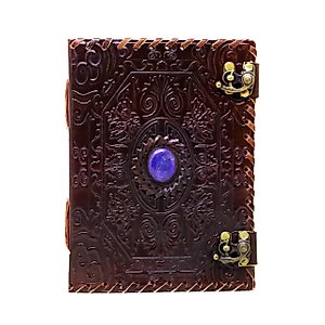 8" Leather Journal with string closure & stone Writing Pad Blank Notebook Handmade Notepad For Men & Women Unlined Paper Art Sketchbook Travel Diary To Write Book Of Shadows Refillable Grimoire Large