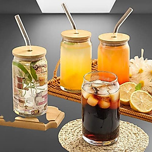 Can Shaped Drinking Glass With Bamboo Lids and Straw, 16 Oz, 4 pcs Set, Beer Can Shaped Glass Cups,Reusable Glass for Water, Wine, Juice, for Cocktail, Soda, Tea, Whiskey