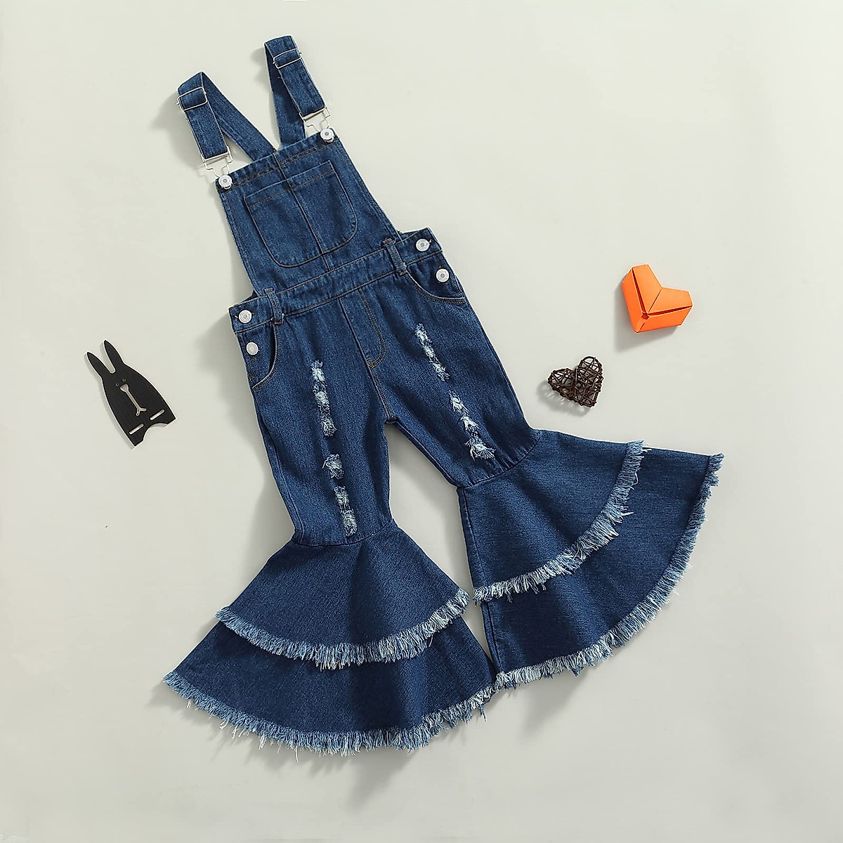 Karuedoo Kid Toddler Baby Girl Denim Overalls Ripped Bell Bottoms Flare Jeans Overalls Strap Suspender Pants Outfit (Blue, 3-4T)