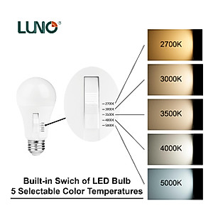 LUNO A19 Dimmable LED Bulb, 6W (40W Equivalent), 480 Lumens, 2700K, 3000K, 3500K, 4000K, 5000K, Color Selectable, 5CCT, UL Listed (4-Pack)