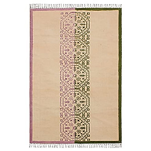 Casavani Indian Handmade Cotton Dhurrie Striped Green & Pink Area Rug Boho Kilim Flat Weave Rug Indoor Hall Room Decor Carpet Throw Rugs for Bedroom Living Room Bathroom Balcony 9x9 Feet Square