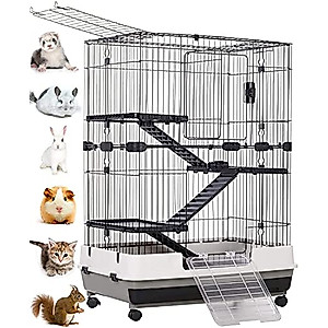 Extra Large Multi-Level Indoor Small Animal Pet Cage for Guinea Pig Ferret Chinchilla Cat Playpen Rabbit Hutch with Solid Platform & Ramp, Leakproof Litter Tray, 2 Large Access Doors Lockable Casters