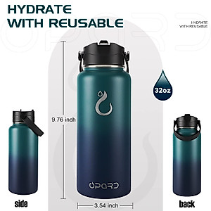 Opard Sports Water Bottle - 32 Oz, 3 Lids (Straw Lid, Flip Lid, Spout Lid), Leak Proof, Vacuum Insulated Stainless Steel, Double Walled, Reusable Metal Canteen