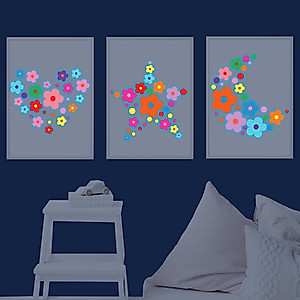 Glow in The Dark Y2k Cute Flowers Wall Decals，Glowing Luminous Colorful Floral Wall Stickers Colorful Removable self-Adhesive Flower Decals for Girls Bedroom Kids Baby Nursery Living Room Decoration