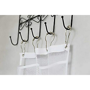 Tescogo Mesh Shower Caddy Curtains Organizer - Hanging Bathroom Shower Curtain Rod/Liner Hooks Accessories with 6 Pockets Save Space in Small Bathroom Tub 4 Rings