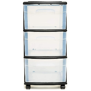 Homz Plastic 3 Clear Drawer Medium Home Organization Storage Container with 3 Large Drawers w/Removeable Wheels, Black Frame