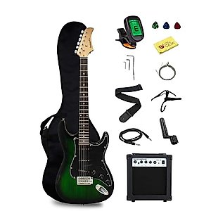 Stedman Pro EG39-TGRB-10W Beginner Series Electric Guitar with Case, Strap, Cable, Capo, Picks, Electronic Tuner, String Winder and Polish Cloth, 10W Amp, Transparent Green/Black Picguard