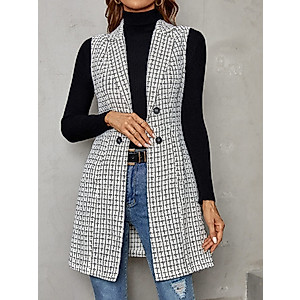 Floerns Women's Plaid Print Button Front Sleeveless Lapel Collar Blazer Jacket White XL