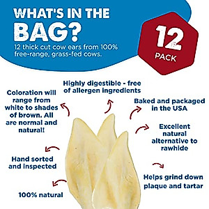 Best Bully Sticks All-Natural Thick-Cut Cow Ears for Small, Medium and Large Dogs - 100% Natural Free-Range Grass-Fed Beef Single Ingredient High Protein, Highly Digestible Dog Chew Treats - 12 Pack