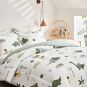 Joyreap Dinosaur Kids Cotton Comforter Set for Boys Girls, Twin Size 3pcs Cotton Bedding Comforter, Fresh Green Dinosaurs on White Design, Skin-Friendly Breathable for All Season- 68x88 inches