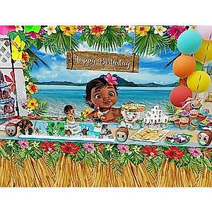 Summer Beach Baby Moana Backdrop and Tablecloth 86x52 inch Maui Palm Leaves Flowers Cake Table Decoration Girls Princess Moana Birthday Photo Background Baby Shower Party Supplies (7x5ft)
