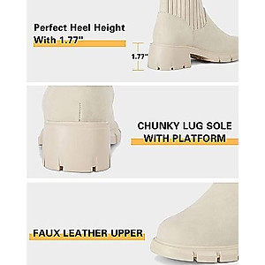 Coutgo Girls Boots Kids Combat Chelsea Ankle Booties Chunky Heel Lug Sole Elastic Fall Fashion Shoes Toddler Little Kid Big Kid,Off-White,Size 1