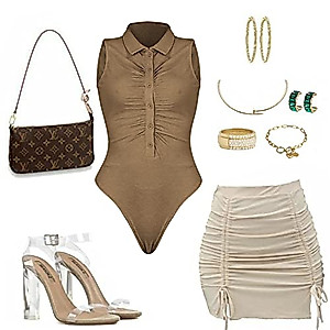 Women's Henley Shirt Sexy V Neck Button Down Ribbed Sleeveless Bodysuits Collared Leotard Tops