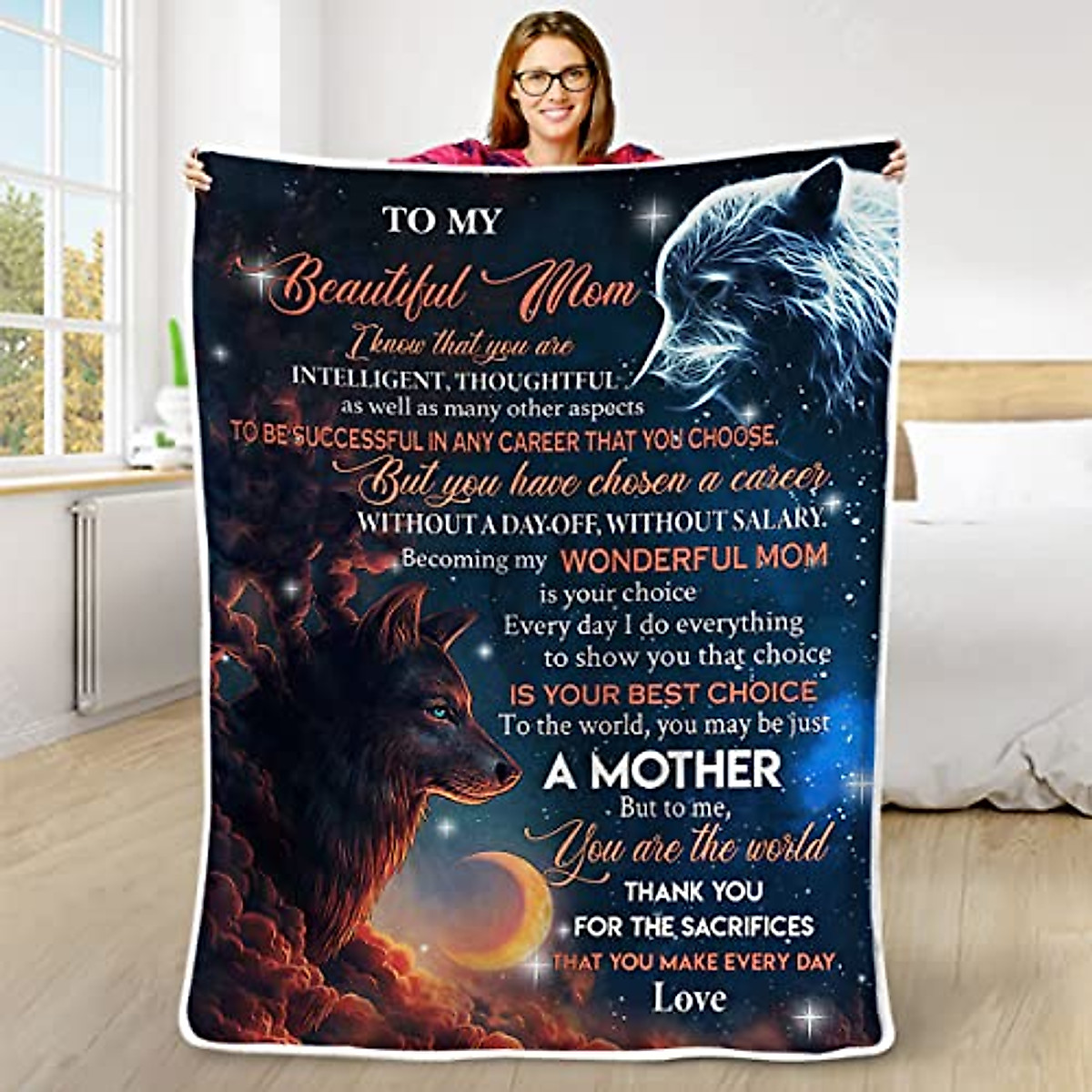 Gadgetstalk Becoming My Wonderful mom is Your Choice Wolf and Moon Blanket Love Blanket Throw to My Beautiful Mom from Daughter & Son Birthday Thick Throw for Office 50x60 inch