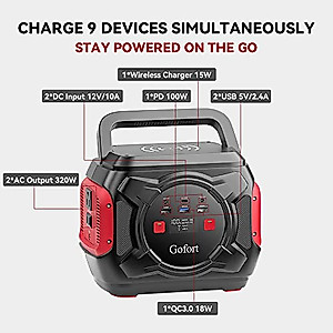 Portable Power Station 320W, GOFORT 292Wh Solar Generator with 110V Pure Sine Wave AC Outlets Wireless Charger, PD 100W Backup CPAP Battery Pack Power Supply for Outdoor Camping Fishing Home Emergency