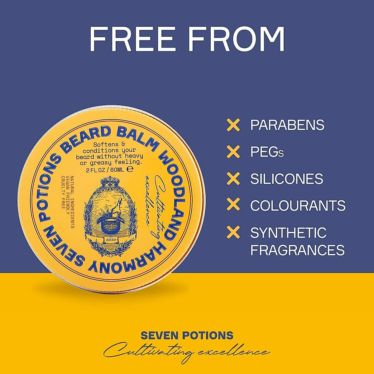 Seven Potions Beard Balm 2 oz. 100% Natural Softener with Jojoba Oil - Nourishes, Softens, Stops Itch, and Leaves Healthy Shiny Beard (Woodland Harmony)