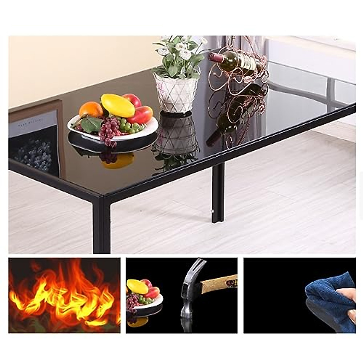 Wolfes Furniture 5-Piece Kitchen Dining Table Set for Dining Room, Kitchen, Dinette, Compact Space w/Glass Tabletop, 4 Leather Metal Frame Chairs - Black