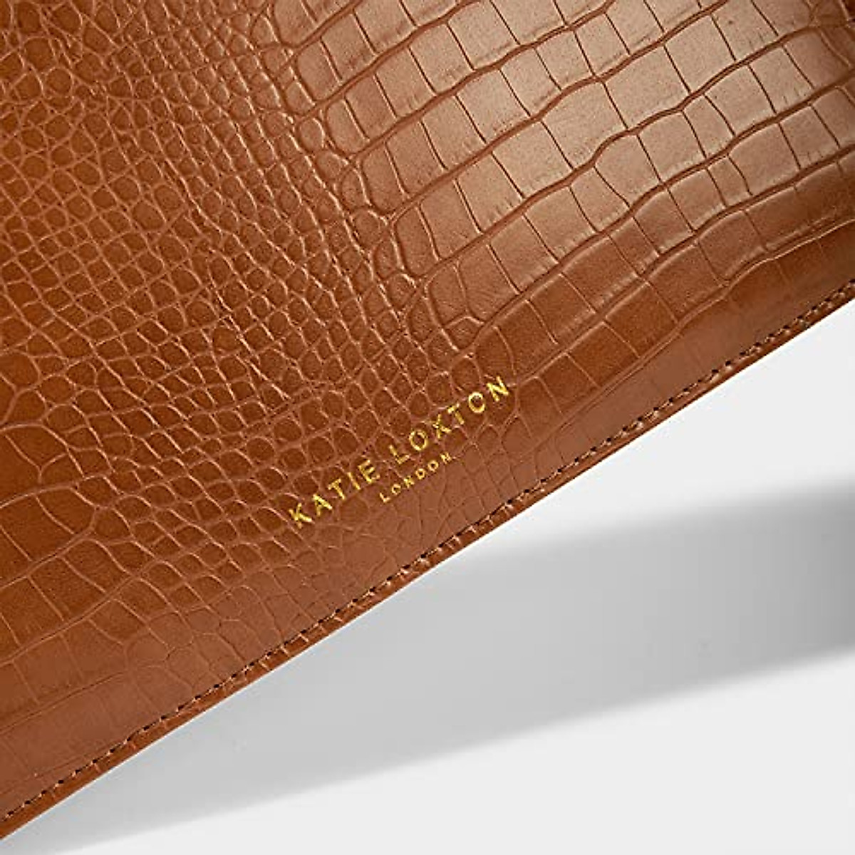 KATIE LOXTON Cara Faux Crocodile Womens Medium Vegan Leather Slip Pocket Clutch Pouch Cognac