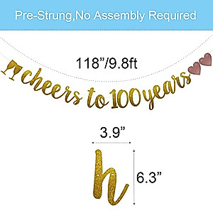 Cheers to 100 Years Banner, Pre-Strung, Gold Glitter Paper Garlands for 100th Birthday / Wedding Anniversary Party Decorations Supplies, No Assembly Required,(Gold)SUNbetterland
