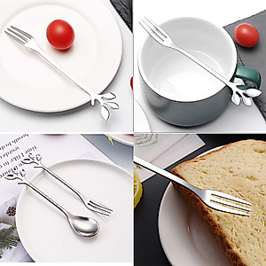 AnSaw 8-Pc Silver Mini Leaf Fruit Forks Set - 4.7" Elegant Stainless Steel Dessert, Appetizer, Cake & Salad Forks - Perfect for Cocktail Parties & Home Use